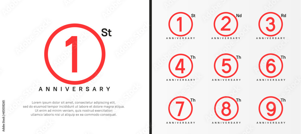 set of anniversary logo red color number in circle and black text on ...