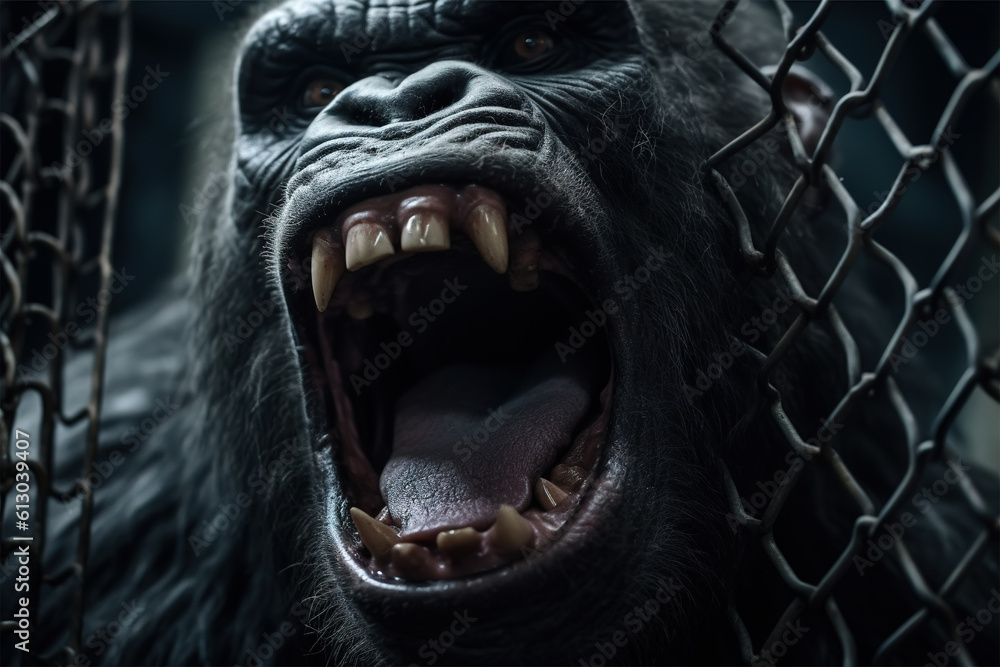 Aggressive screaming gorilla behind bars of cage, big open mouth with ...