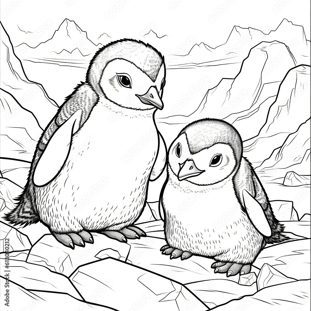Penguin coloring page for kids. Mother and baby penguin. Animal ...