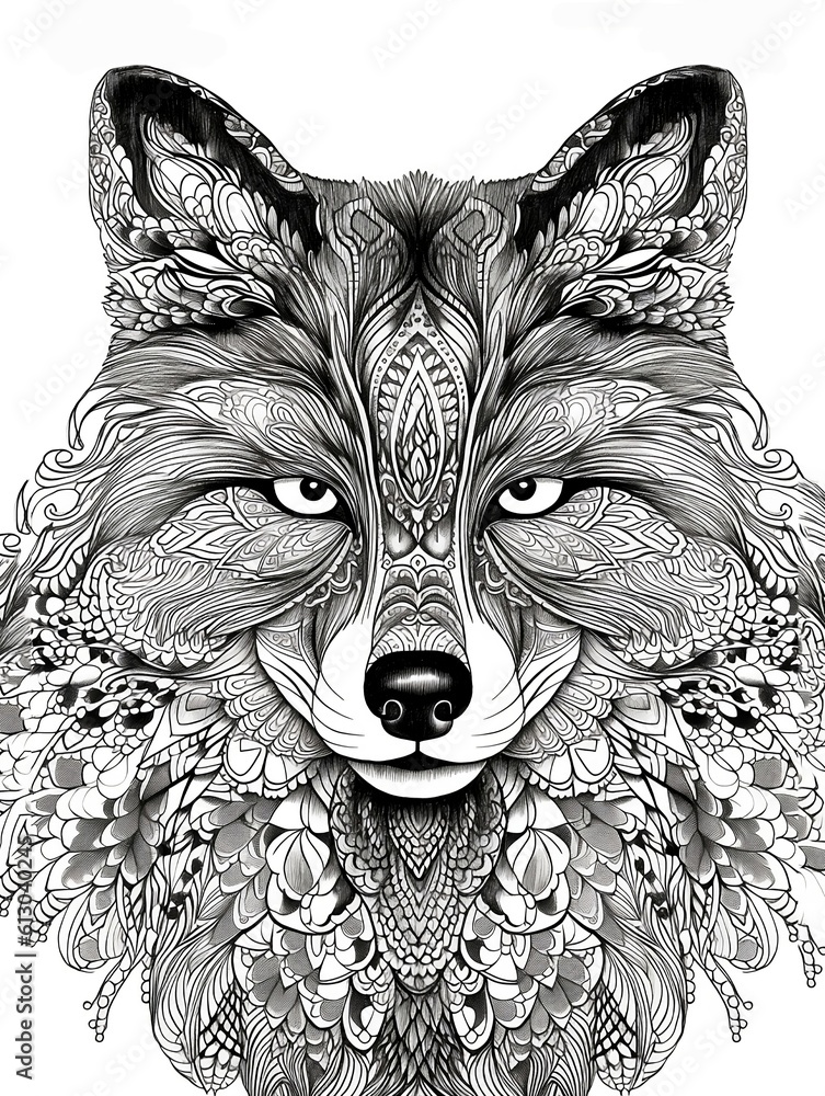 Mandala wolf head coloring page for adults. Animal coloring page for ...