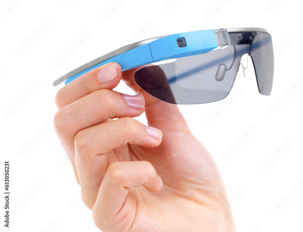 Smart glasses, hand and person with digital code, iot or innovation ...