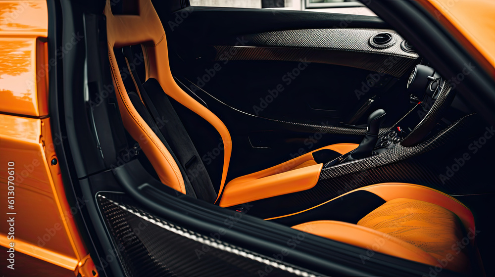 Modern orange supercar interior with the leather panel, sport seats ...