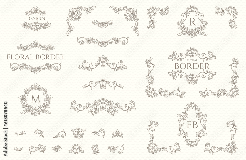 Contour drawing of flowers and leaves. Set of vintage corners, borders ...