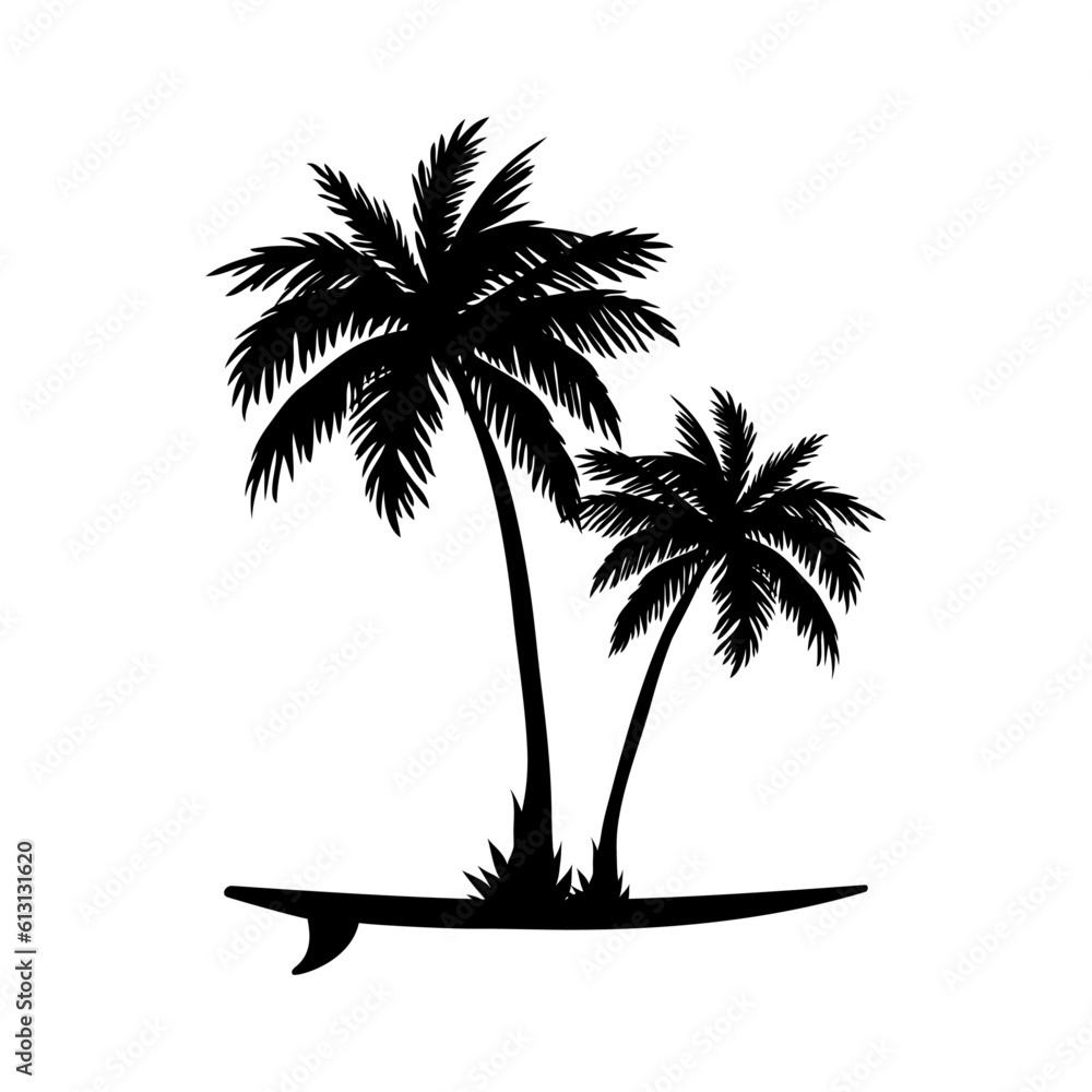 Logo club de surf. Silueta de dos palmeras en tabla de surf Stock ... Logo club de surf. Silueta de dos palmeras en tabla de surf Stock ...