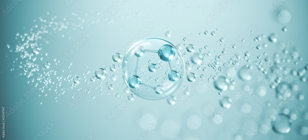 Cosmetic Essence, Liquid bubble, Molecule inside Liquid Bubble on water ...