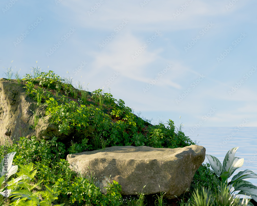 stone product display podium for cosmetic product with green nature ...