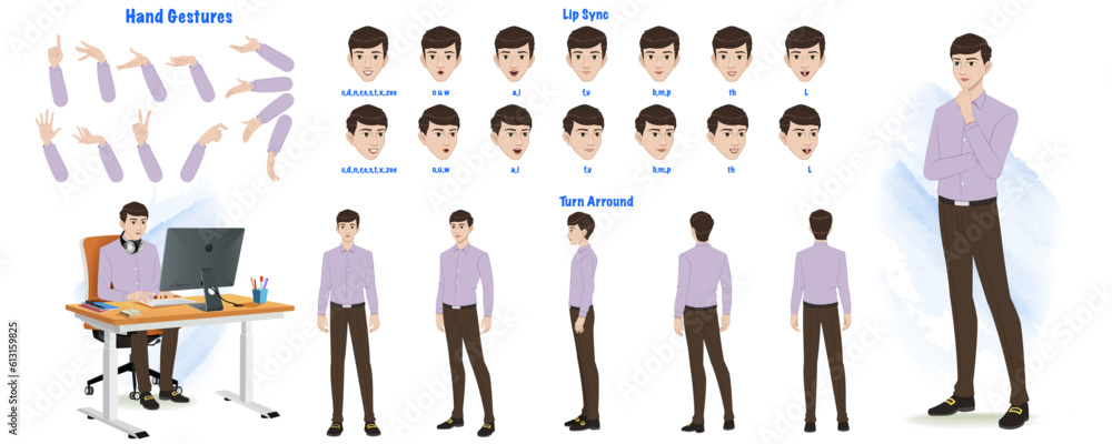 A man modelsheet. man turn around sheet, hand gestures, lip sync Stock ...