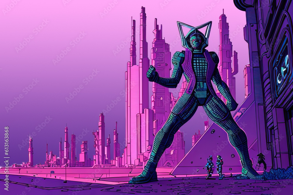 Cyberpunk. Cyborg. Futuristic Generative AI illustration in purple and ...