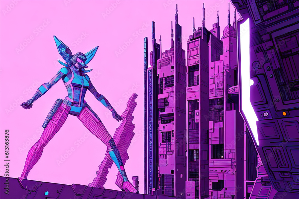 Cyberpunk. Cyborg. Futuristic Generative AI illustration in purple and ...