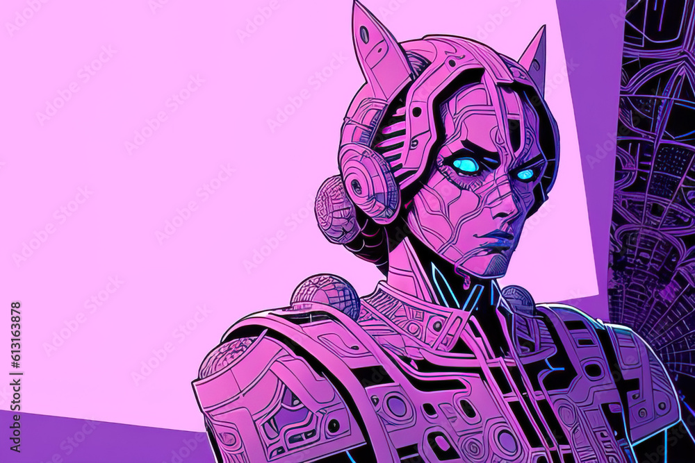 Cyberpunk. Cyborg. Futuristic Generative AI illustration in purple and ...