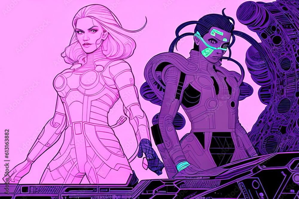 Cyberpunk. Cyborg. Futuristic Generative AI illustration in purple and ...