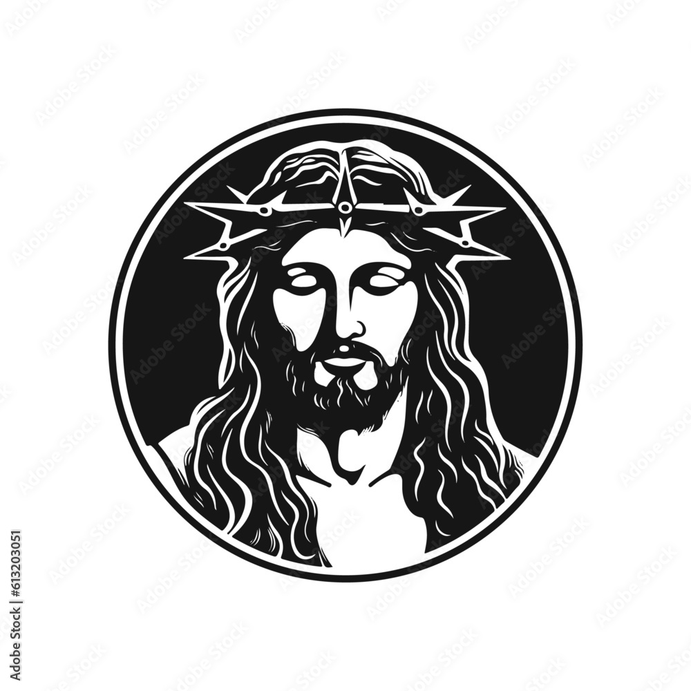 Vector Jesus Christ face silhouette isolated on white. Hand drawn ...