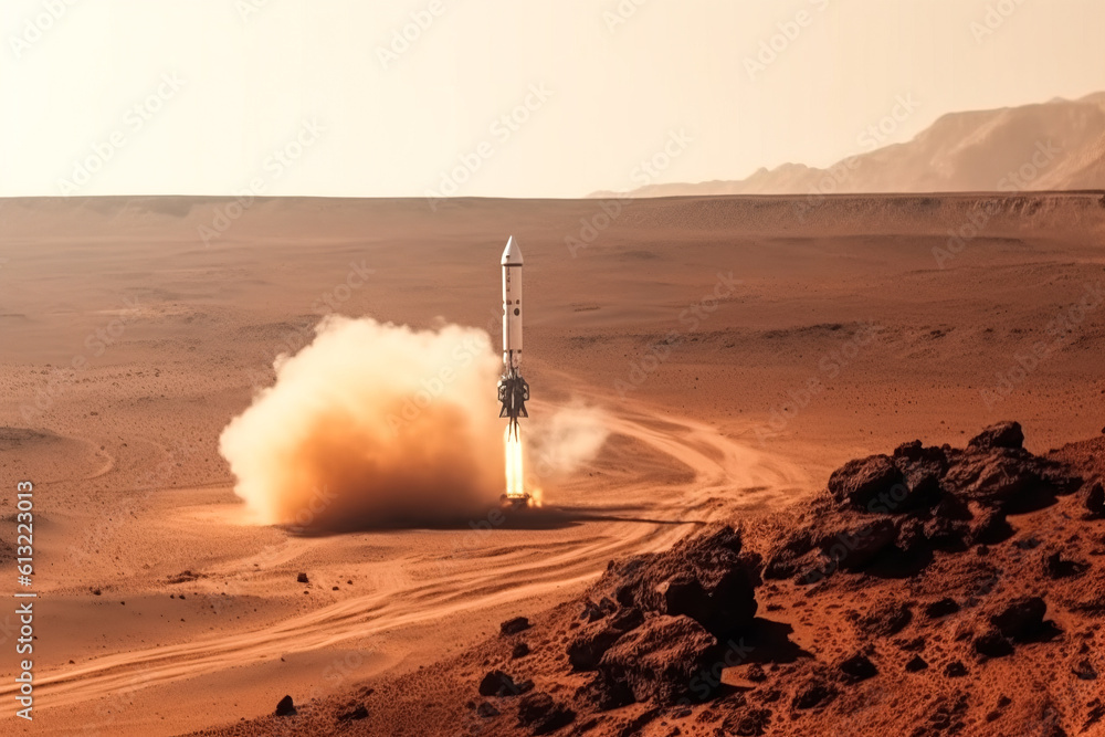 Generative AI illustration of rocket spaceship taking off with burning ...