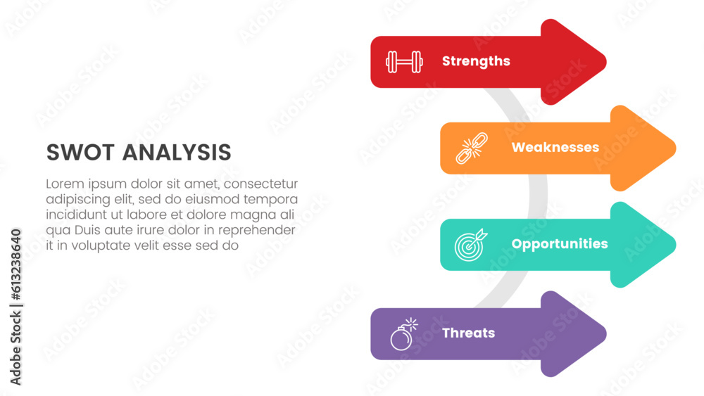 swot analysis concept with arrow right direction and half circle for ...