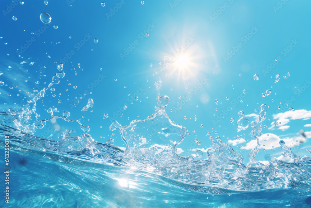Splash of water against summer blue sky and sun background, Generative ...