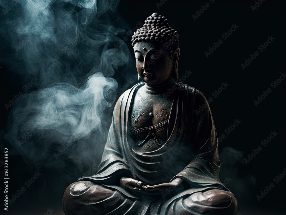 Buddha statue decorated with offerings and flowers. Murti Buddha in the ...
