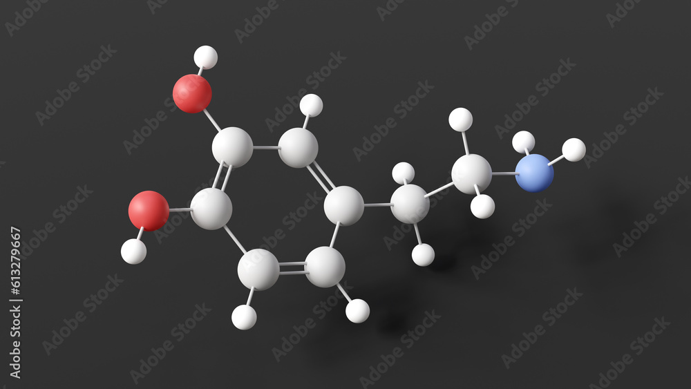 dopamine molecule, molecular structure, neuromodulatory molecule, ball ...