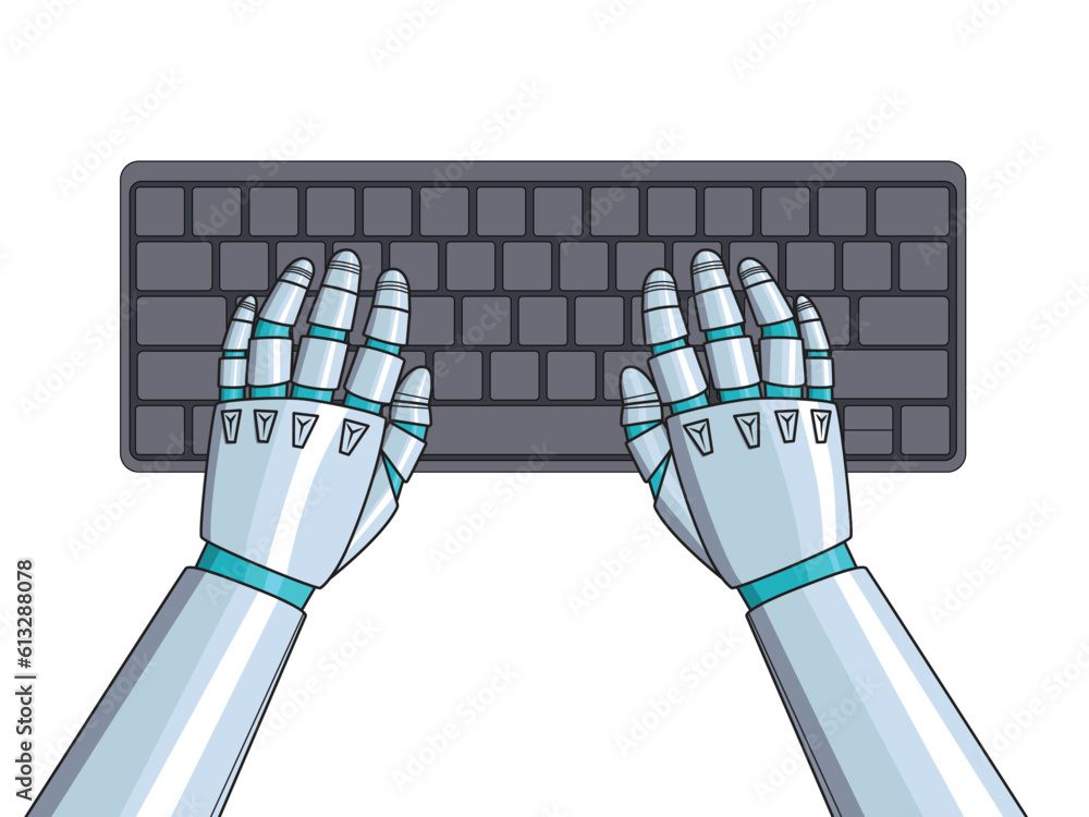 Robot types on a wireless keyboard. Workplace top view. Vector ...