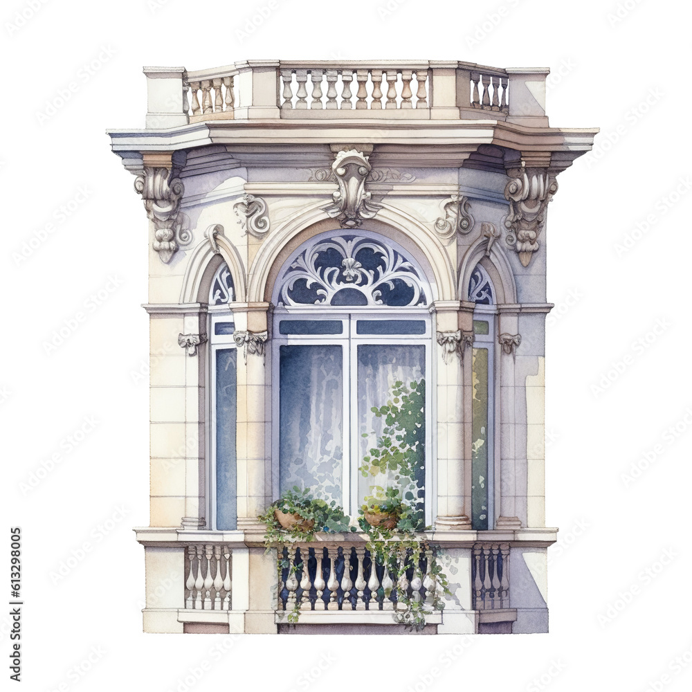 Classic arch window with balustrade railing, watercolor isolated on ...