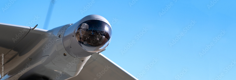 Camera in the head of an unmanned military drone close-up, modern ...