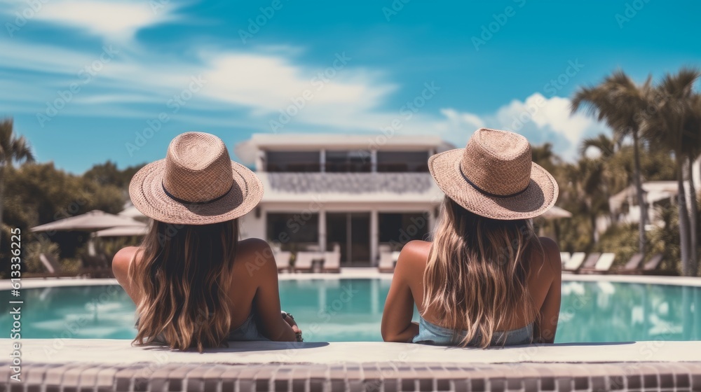 two beautiful women relaxing and chilling at the pool with bikini and ...