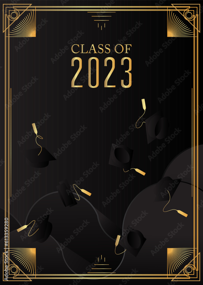 Black and gold class of 2023 Graduation design template. Vintage party ...