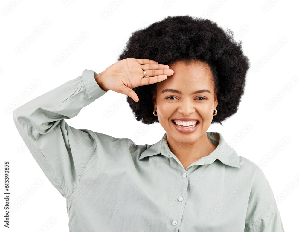 Salute, smile and portrait of woman greeting feeling proud and isolated ...