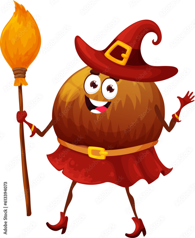 Cartoon Halloween witch hazelnut character. Isolated vector funny nut ...