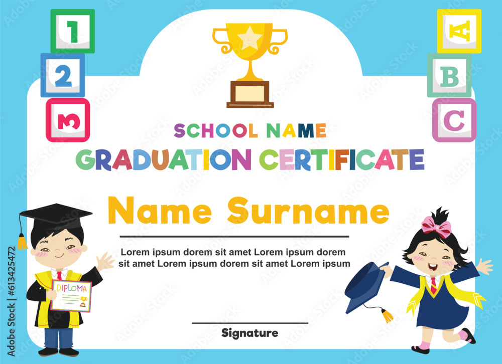 Cute diploma certificate template for preschool, kindergarten or ...