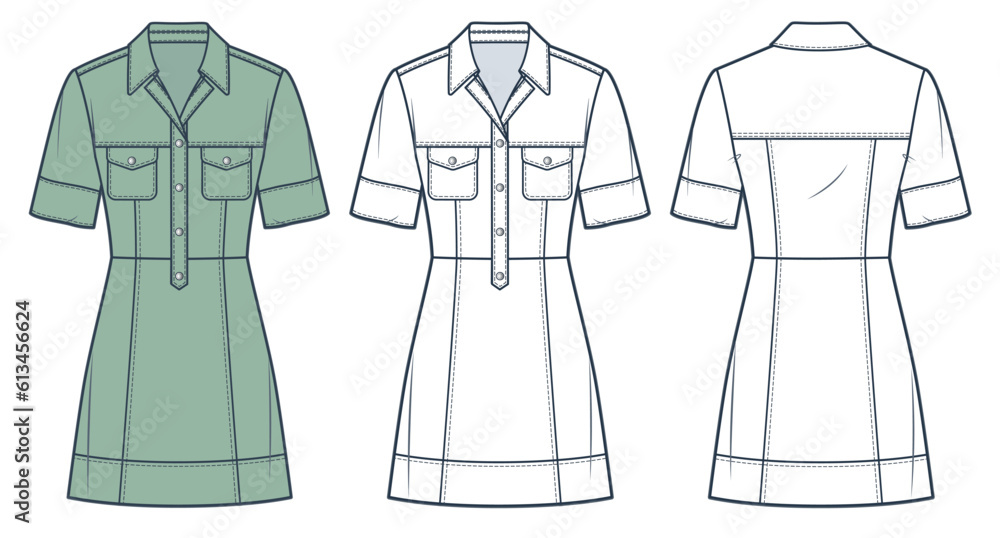 Short Sleeve Dress technical fashion Illustration. Denim mini Dress ...