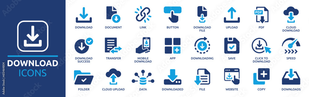Download icon set. Containing upload, document, link, download file ...