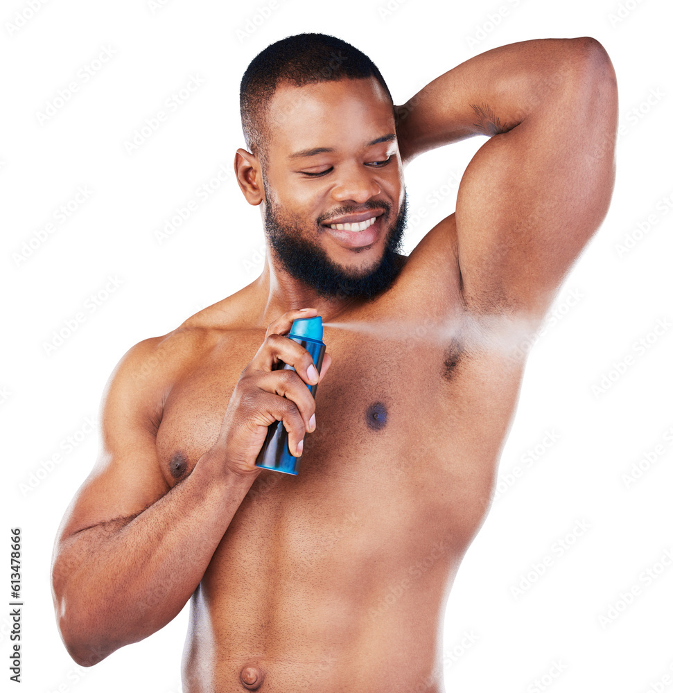 Black man, deodorant spray on armpit and grooming in with body hygiene ...