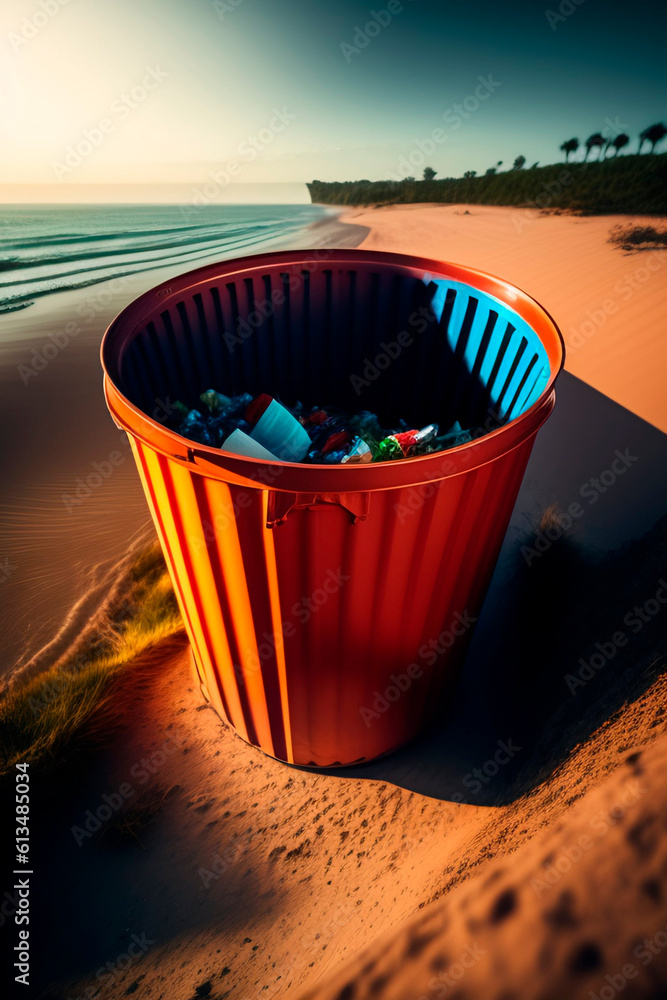 a red trash can sitting on top of a sandy beach, trash barrels ...