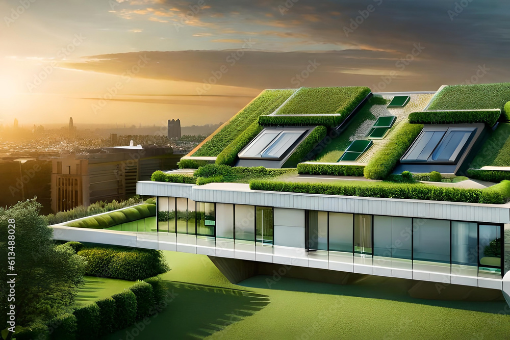 a sustainable building's rooftop covered with green vegetation ...