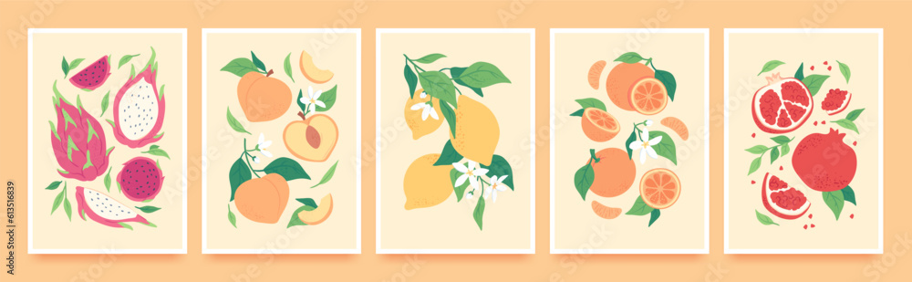 Trendy hand drawn tropical fruit posters, contemporary print with lemon ...