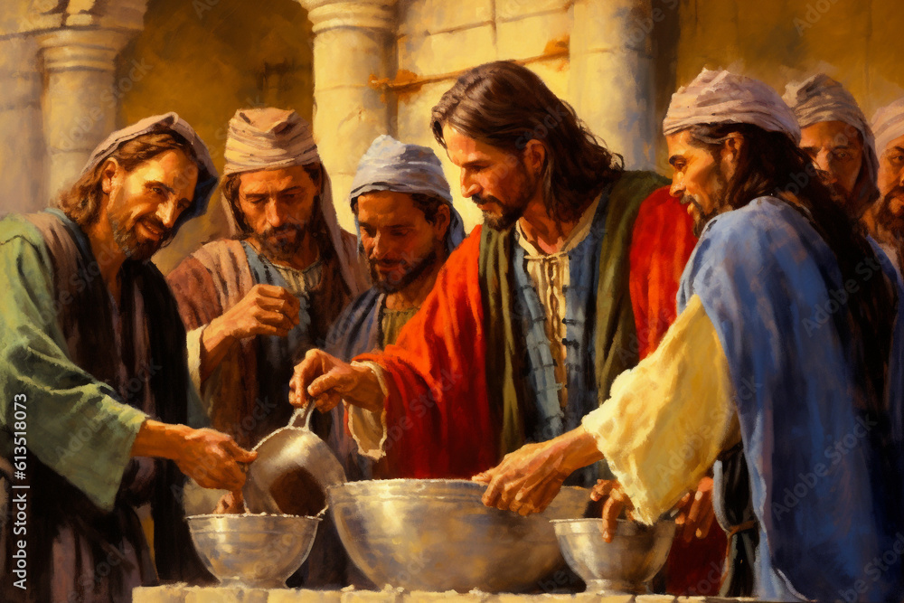 Ilustración de Stock Jesus Christ turns water into wine. Religion Bible. History. During a ...