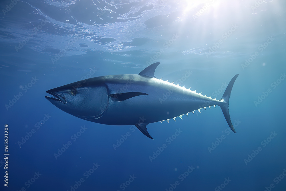 Image of a giant bluefin tuna fish swimming in clear ocean water ...