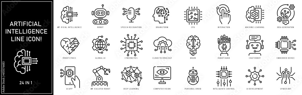 Artificial intelligence icons. Set of brain, robot, ai, head line icon ...