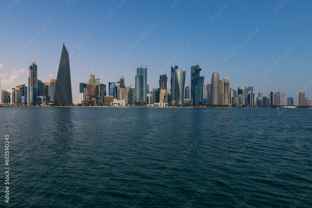 Doha, Qatar - January 26 2023: A view of the sea and the towers in Doha ...