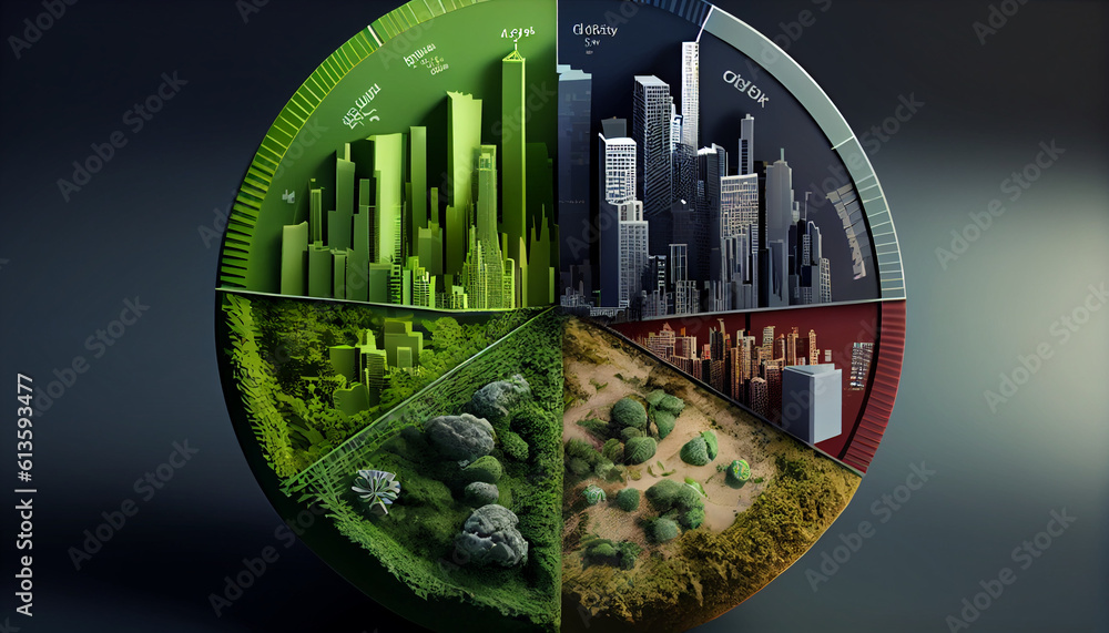 Stock-Illustration „Pie chart with city and lush greenery environmental ...