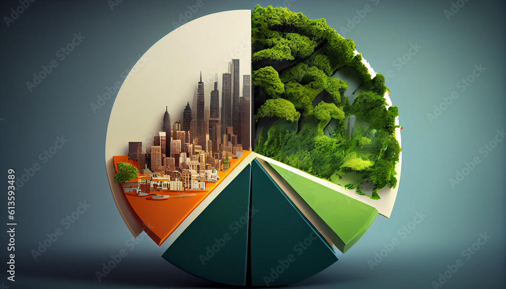 Pie chart with city and lush greenery environmental sustainability ...