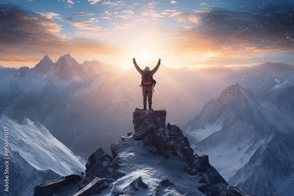 A man stands triumphantly on the mountain summit, arms raised in ...