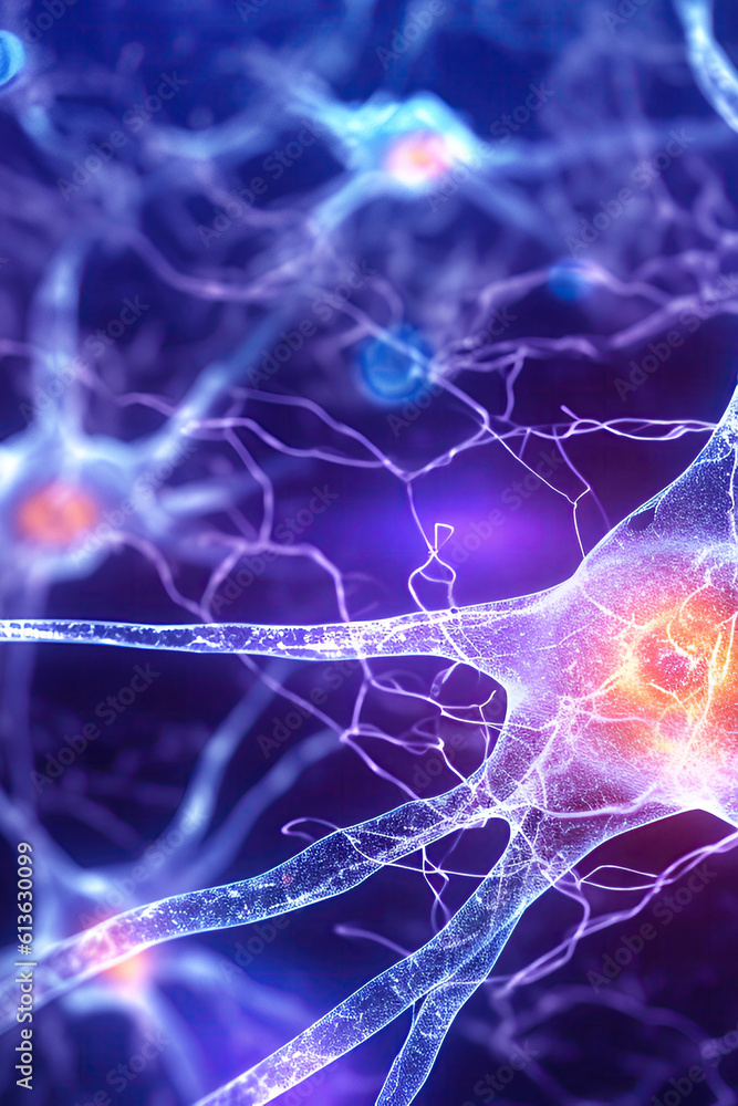 Neural connections under a microscope, blue background, pink, purple ...