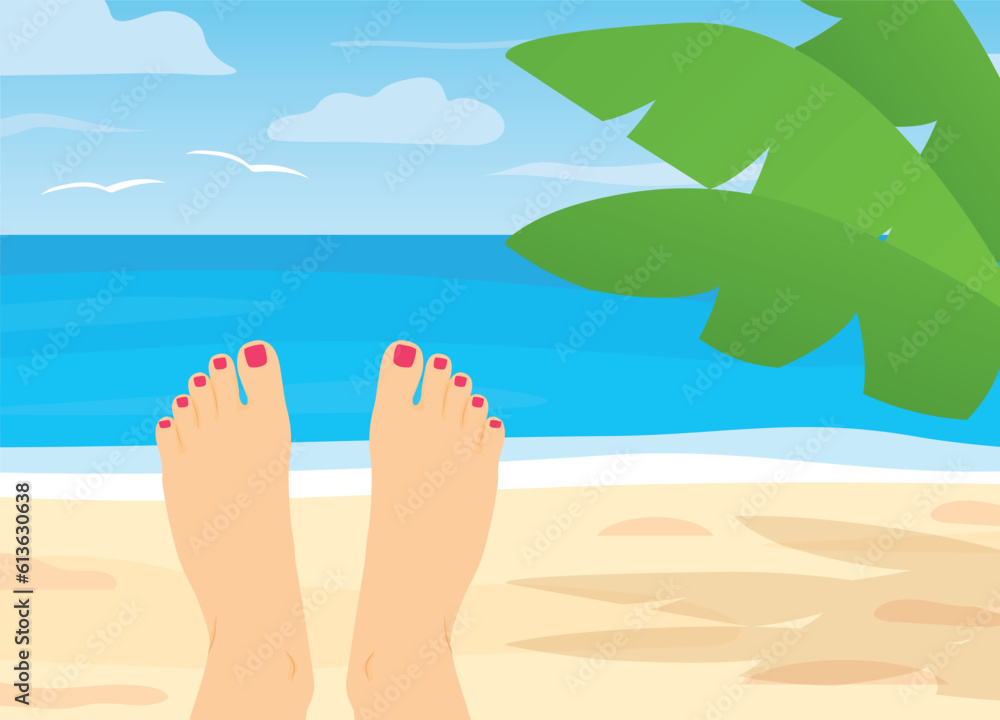 female feet on the tropical beach with palm leaves - vector ...