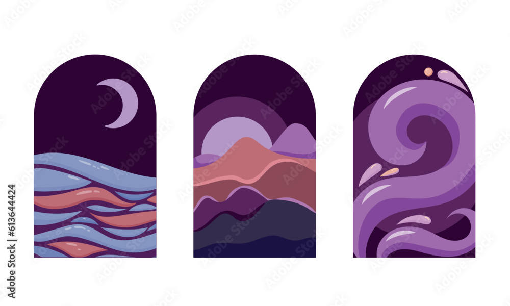 Abstract contemporary vector landscape of wavy mountains. Mid century ...