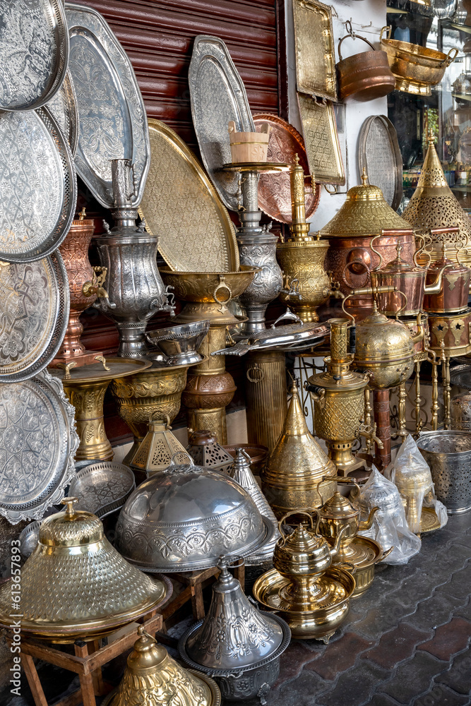 Lanterns, plates and vases in embossed metal, typical Moroccan ...