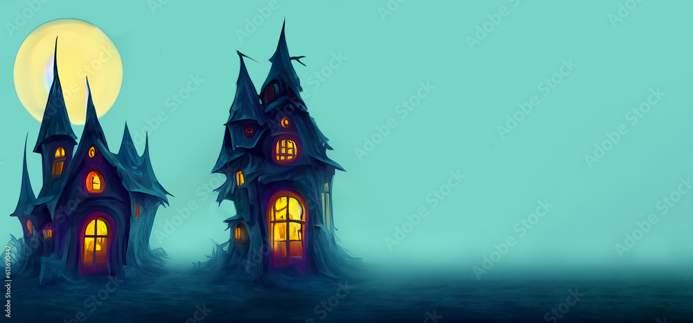 cartoon style illustration of enchanted haunted house, Halloween symbol ...