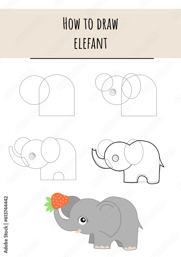 How to Draw Cute Elephant, Step by Step Lesson for Kids cartoon vector ...