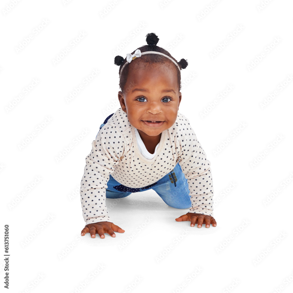 Cute, crawling and happy with portrait of baby on transparent ...