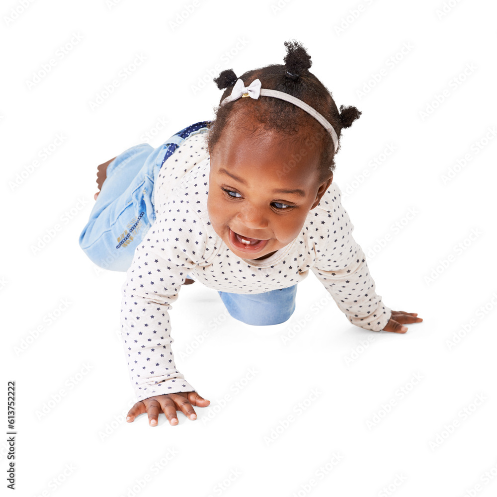Isolated African baby girl, crawl and smile with moving, steps or ...